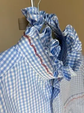 Tops | Reloved Upcycle White And Blue Ruffle Collar Blouse Red ...